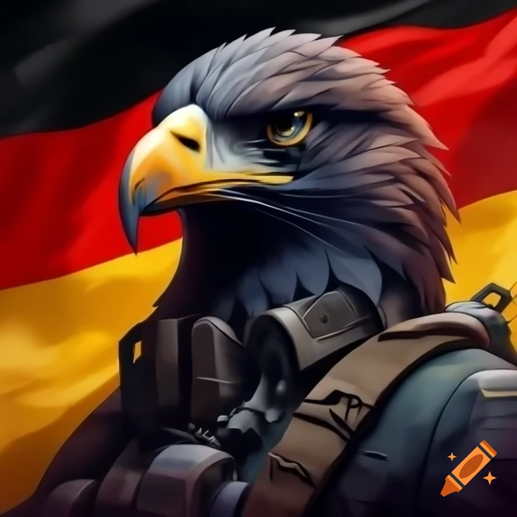 Black eagle in WWII pilot attire against German flag backdrop on Craiyon