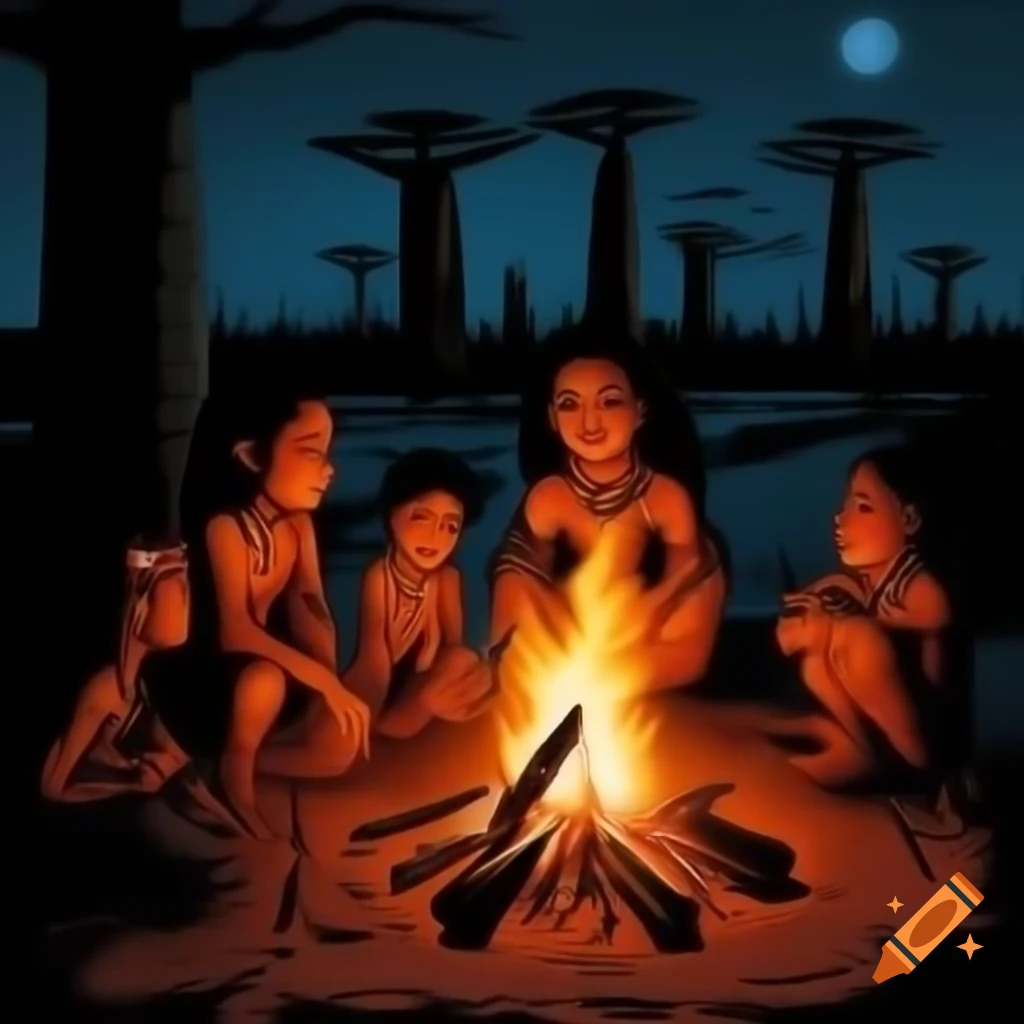 Noir comic panel depicting girl around campfire listening to elder's story, showing fear on Craiyon
