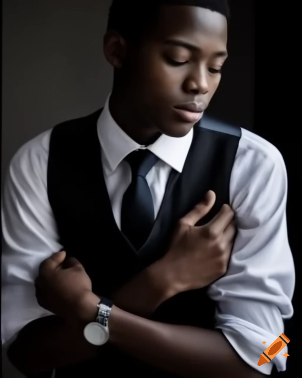 Robust young black man in vest and rolled-up sleeves with tie and wristwatch on Craiyon