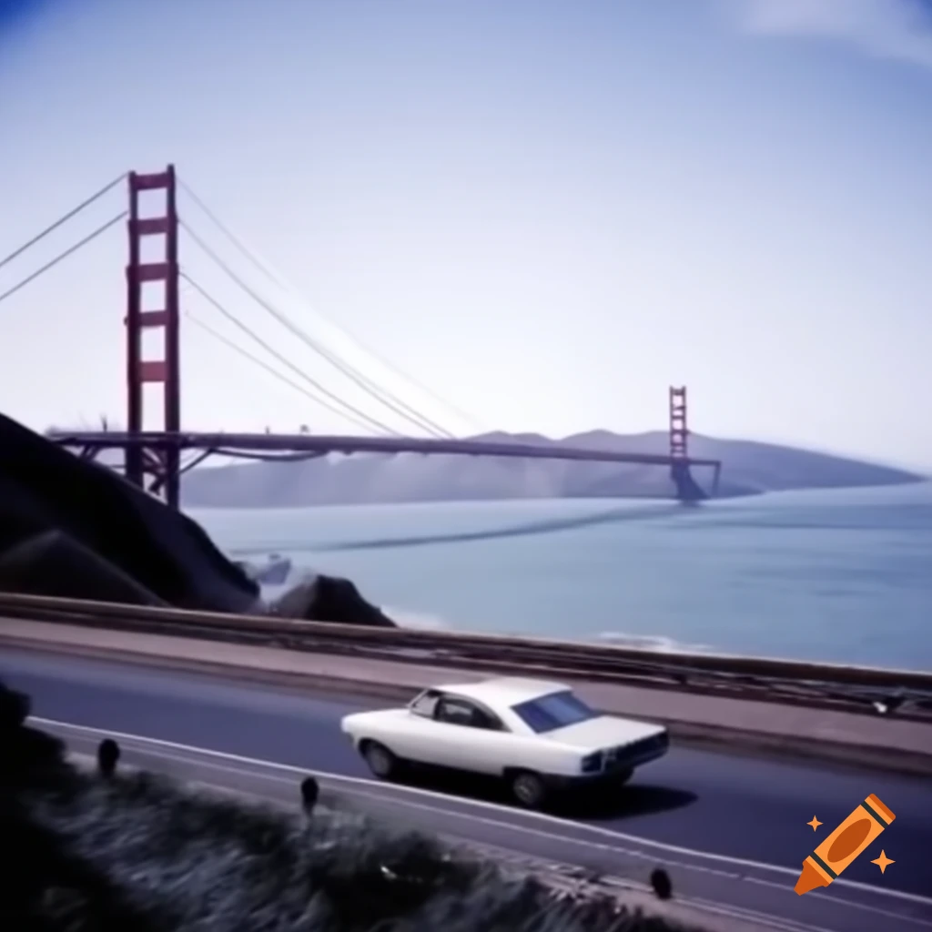 Coastal view of car chase on Golden Gate Bridge, 1970s style on Craiyon