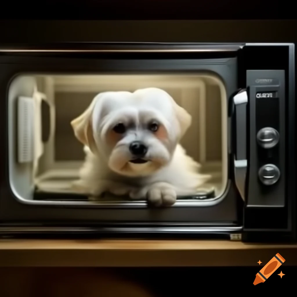 Maltese dog sitting in a microwave with sad expression, photorealistic ...