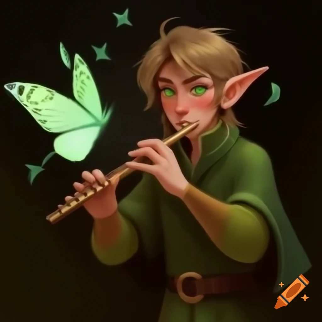 Male elf with flute and butterfly wings, green tinted eyes on Craiyon