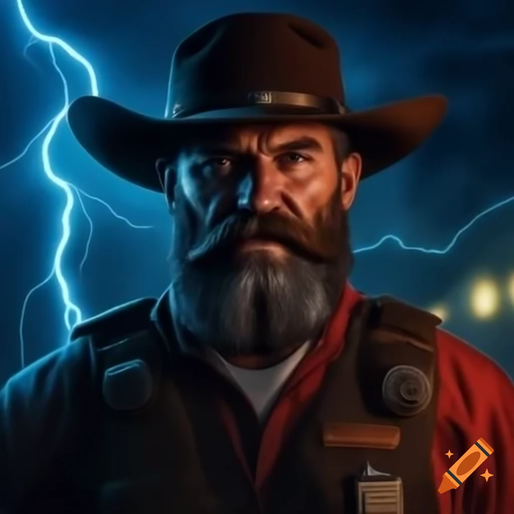 Muscular bald man with amish beard in electrician uniform smiling ...