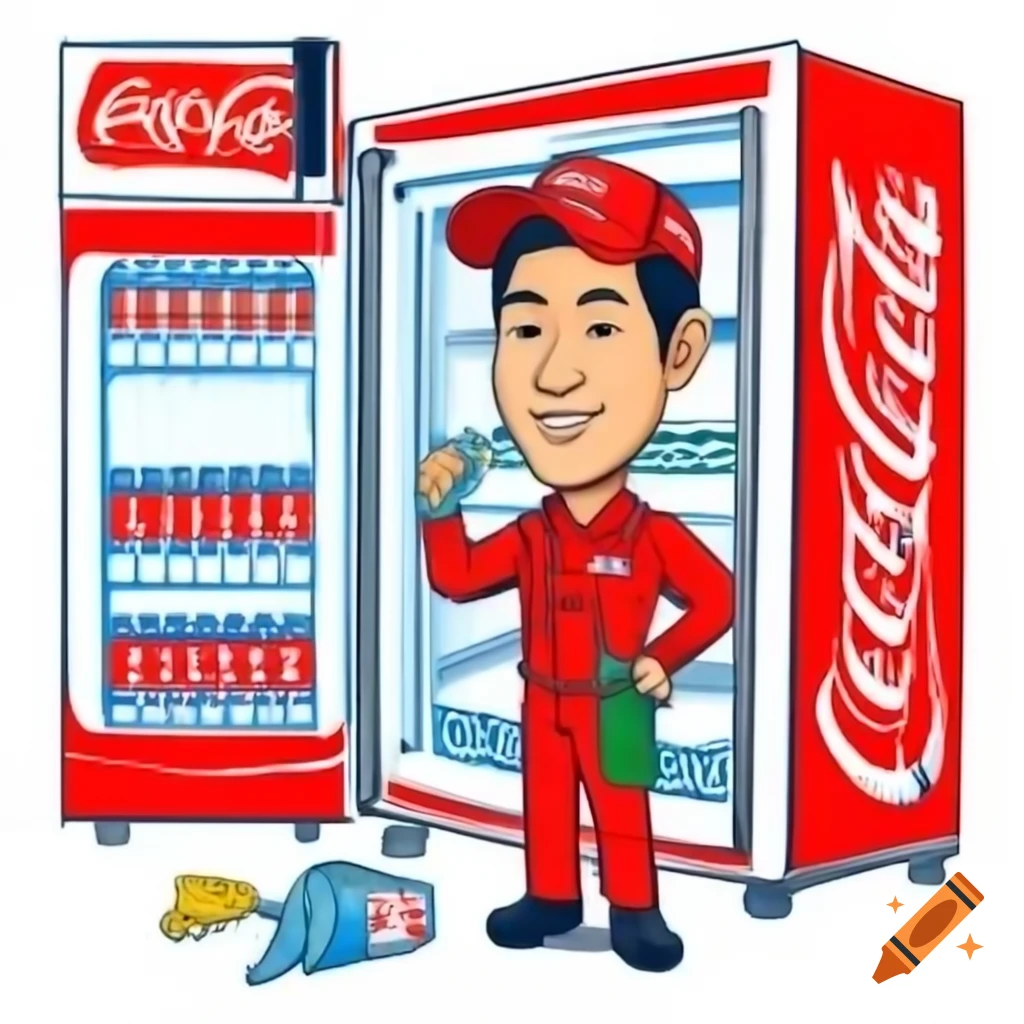 Cartoon technician in Coca-Cola uniform with refrigeration tools beside ...