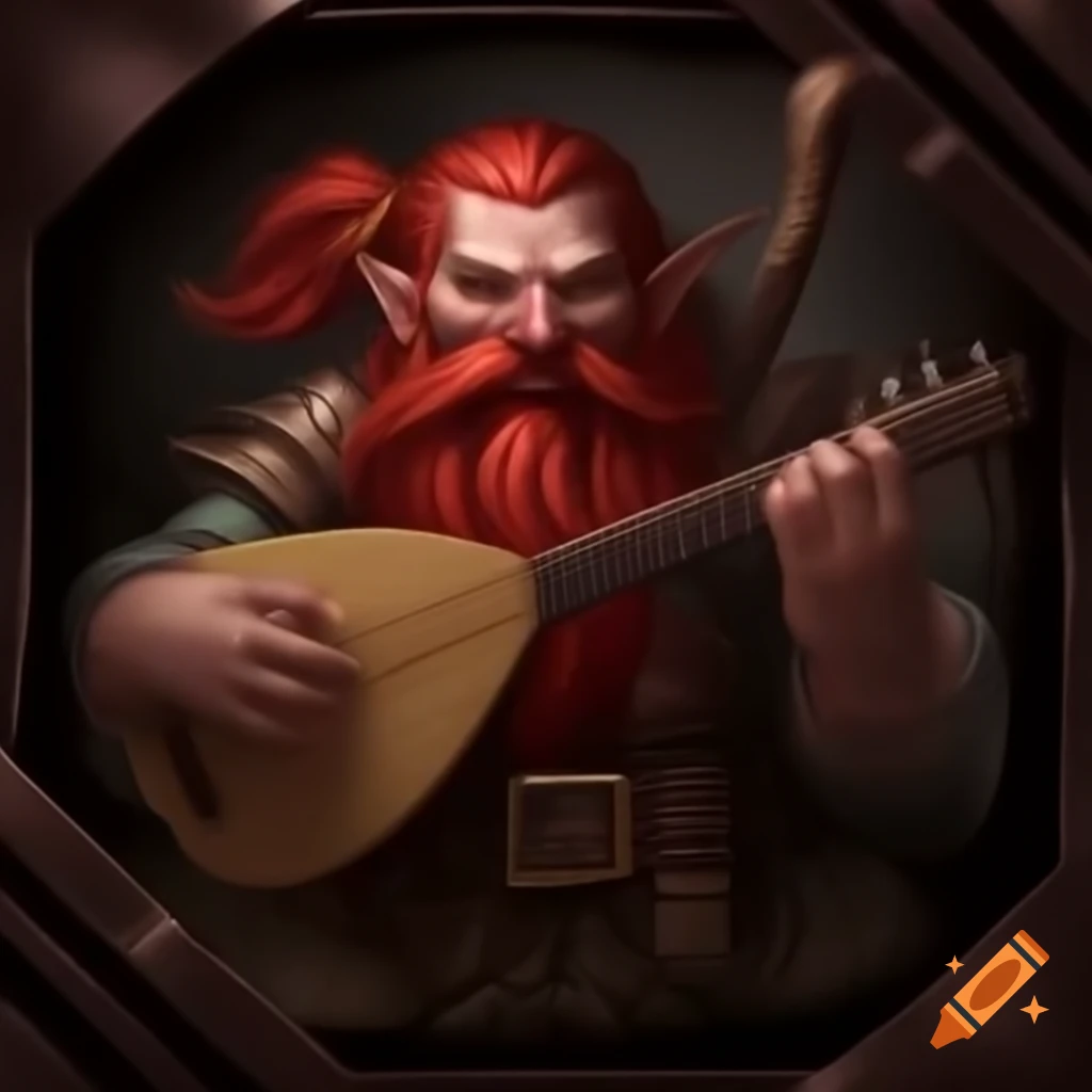 Heroic dwarf bard strumming lute with vibrant red braid and beard on ...
