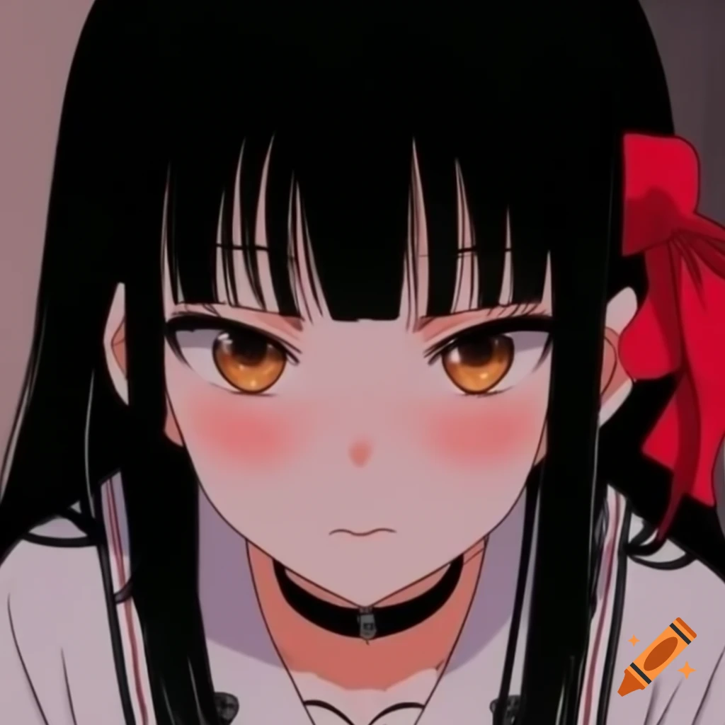 Front view of female character with black hair and red ribbon in ...