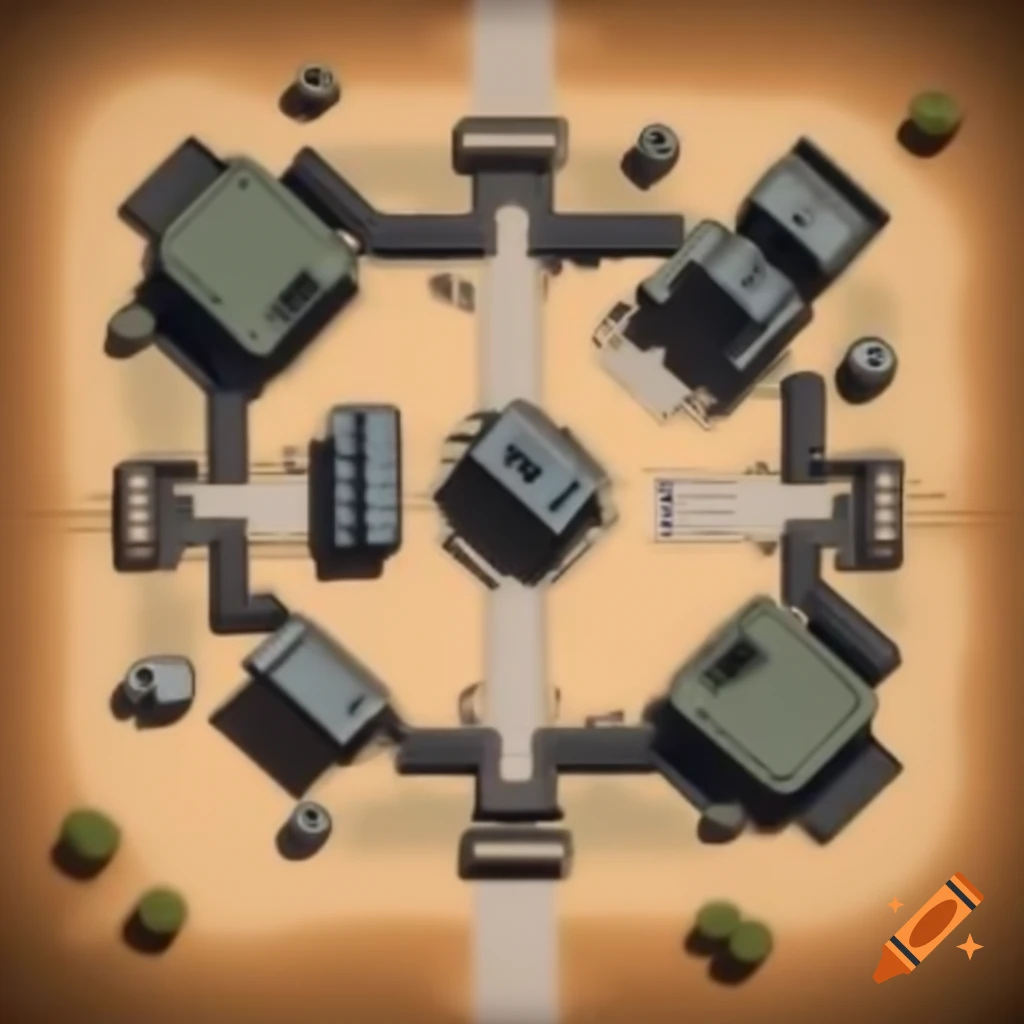 Top-down view map of modern military base in desert with hangars and ...