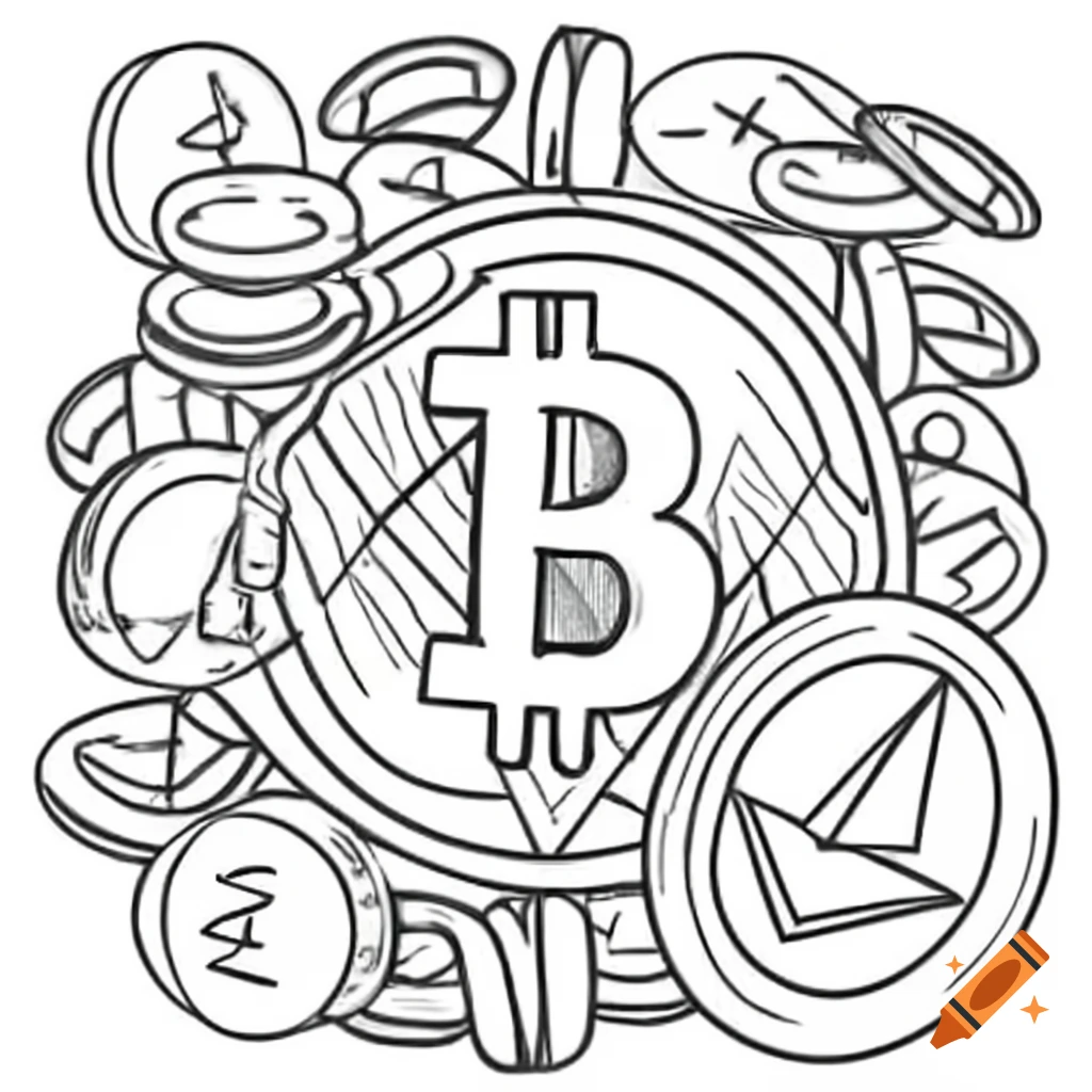 Coloring page featuring Bitcoin and Ethereum coins in a black and white ...