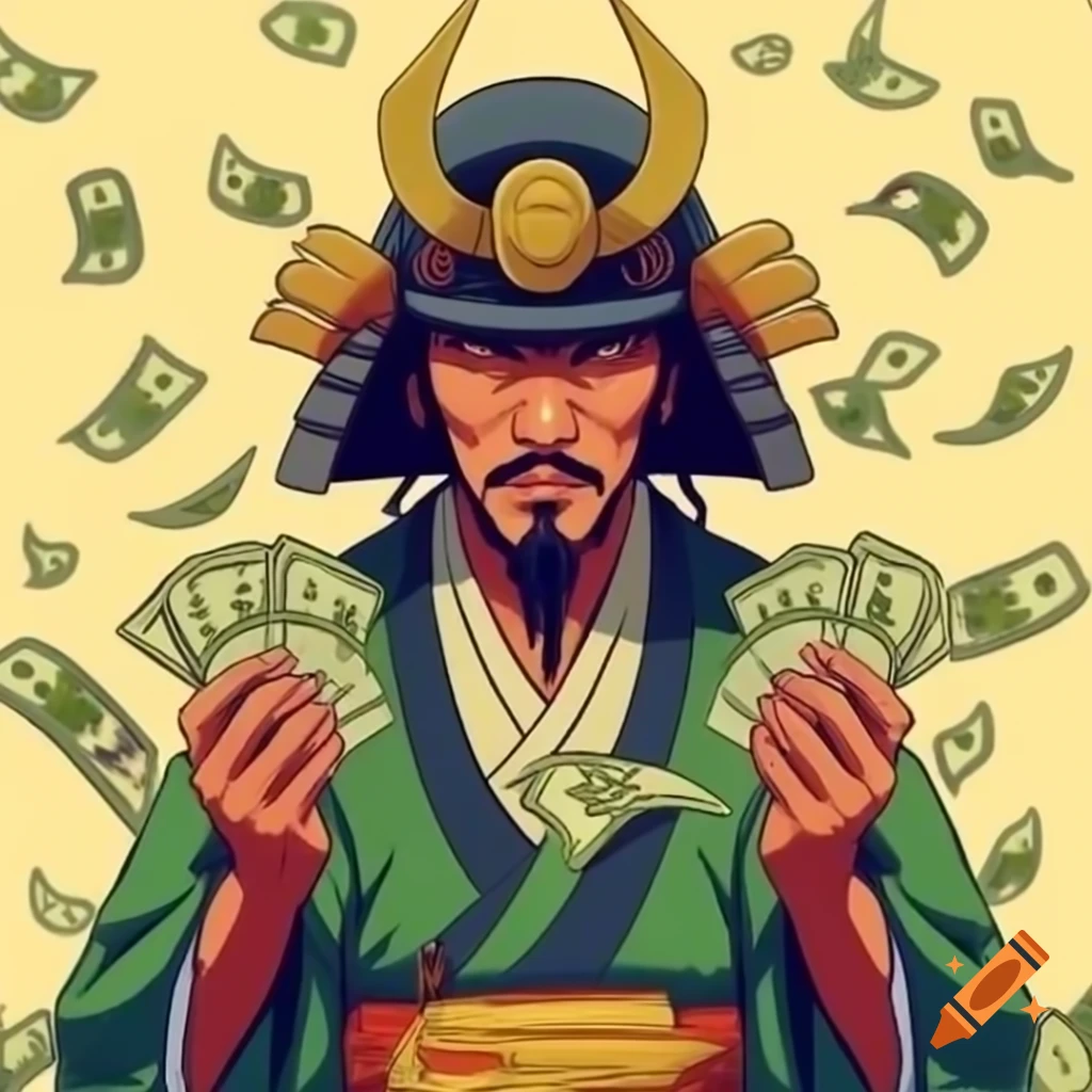 Samurai holding money dressed in cryptocurrency-themed clothing on Craiyon