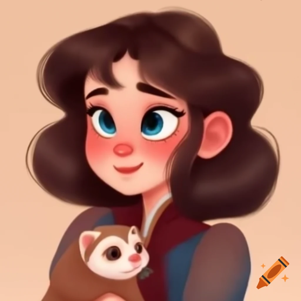 Disney style princess with dark brown hair and ferret companion on Craiyon
