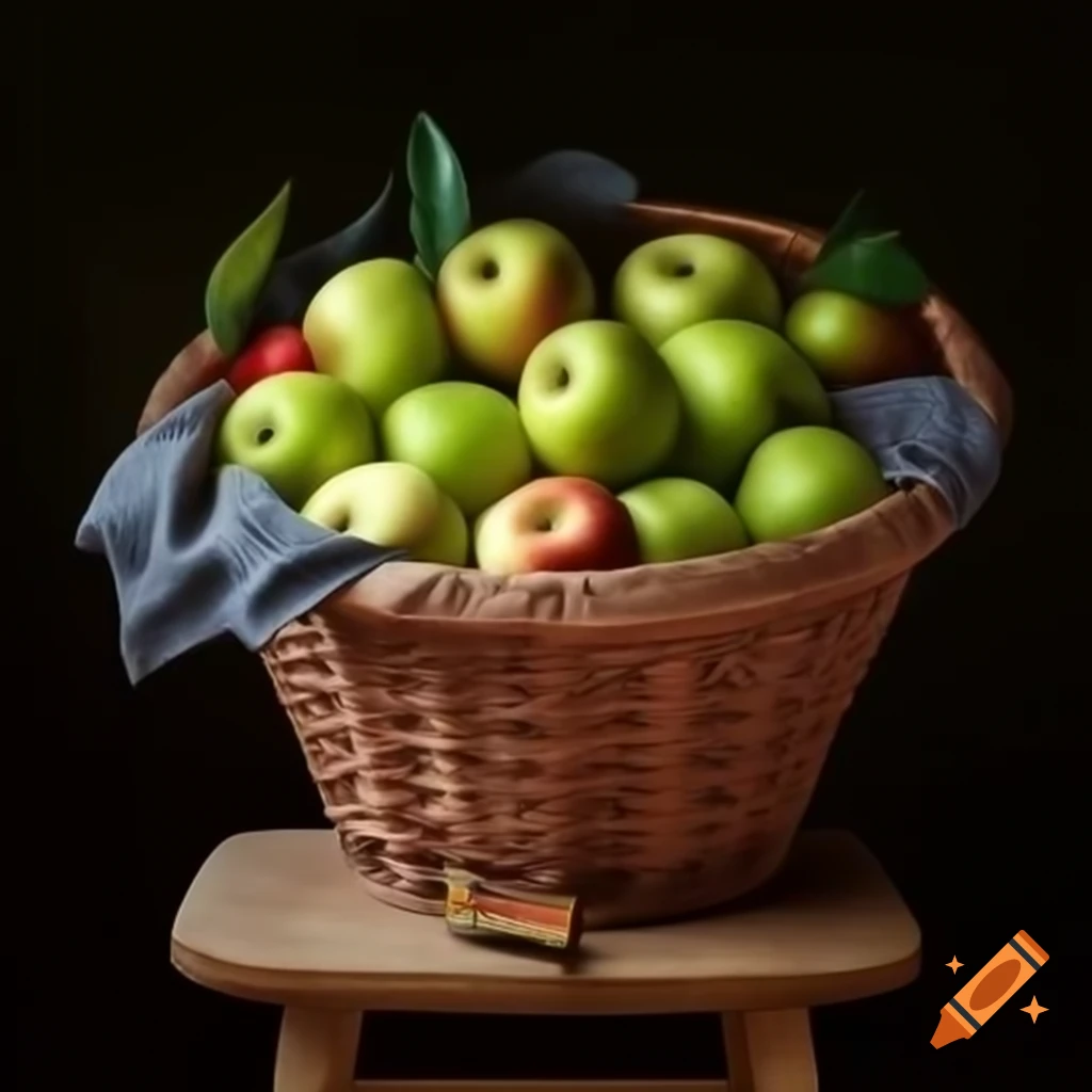 Large basket of green juicy apples on a stool, hyper-realistic and photographic on Craiyon