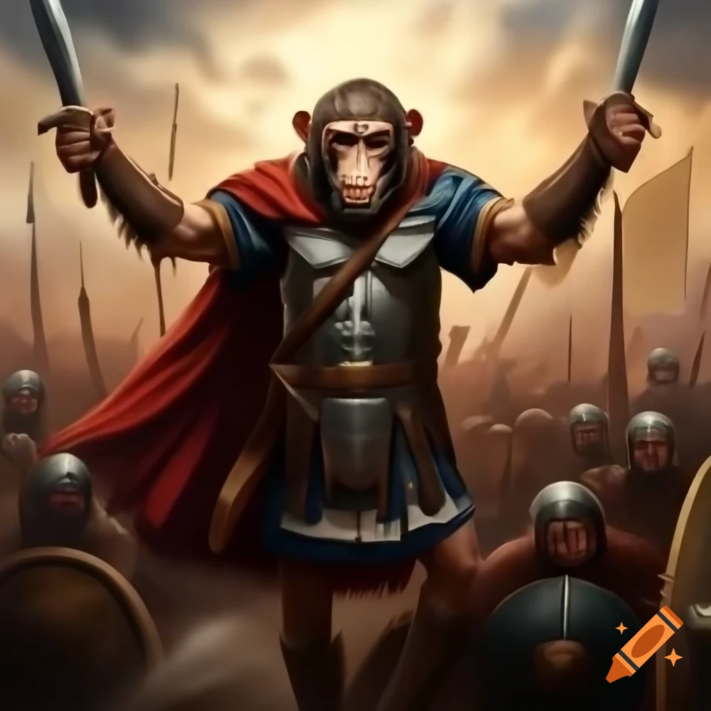 Victorious monkey in Roman garb wielding a broadsword on a battlefield ...