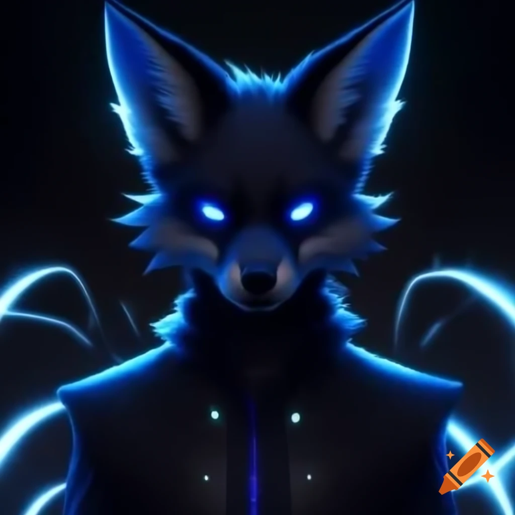 Nine-tailed fox with black fur and electric blue accents in dark ...