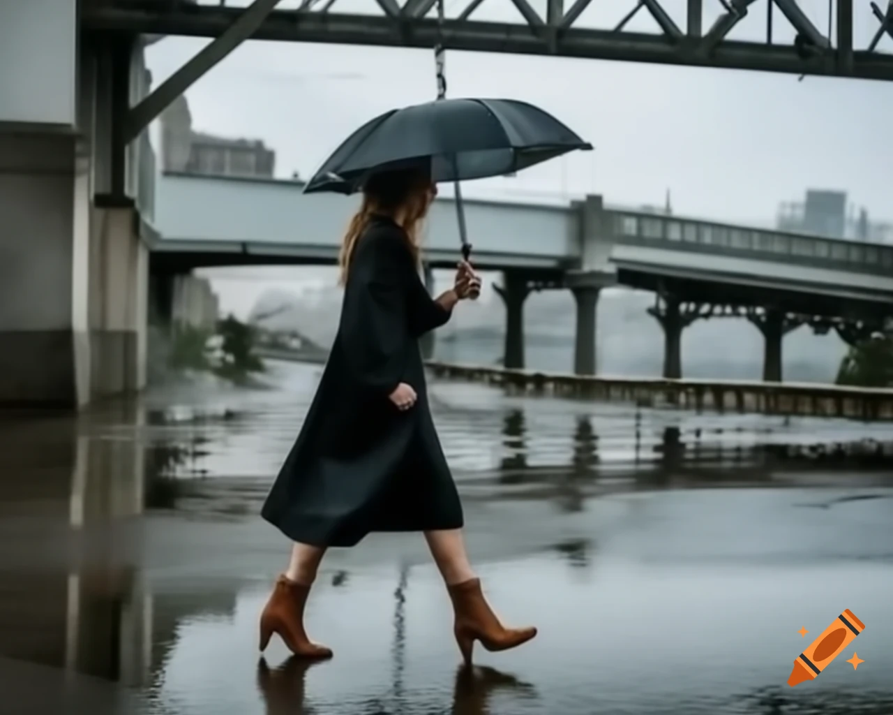 Woman in black dress and brown boots under bridge with Hello Kitty ...