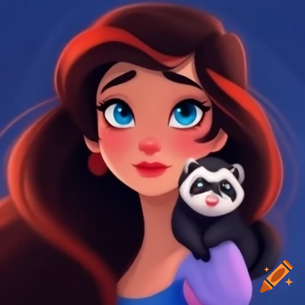 Disney style princess with brunette hair and blue eyes alongside ferret ...