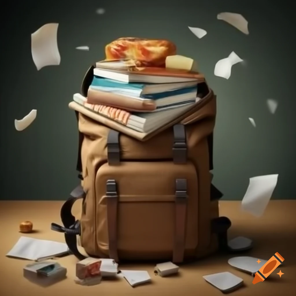 Backpack contents including books, crumpled papers, and snacks spread ...
