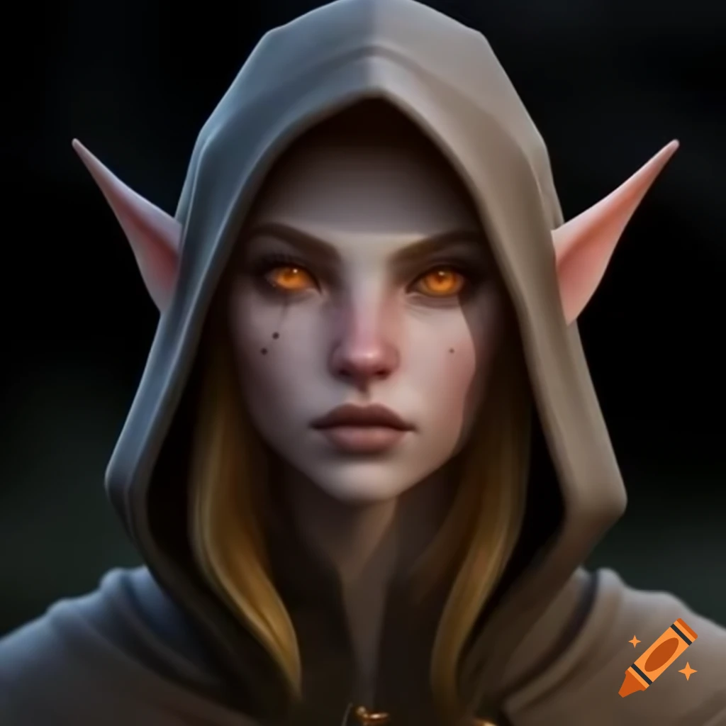 Altmer high elf woman in thieves guild armor with hood, golden skin and ...