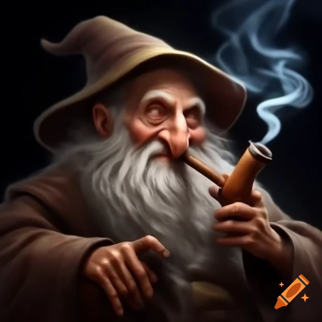 Wise old wizard with a pipe laughing happily on Craiyon