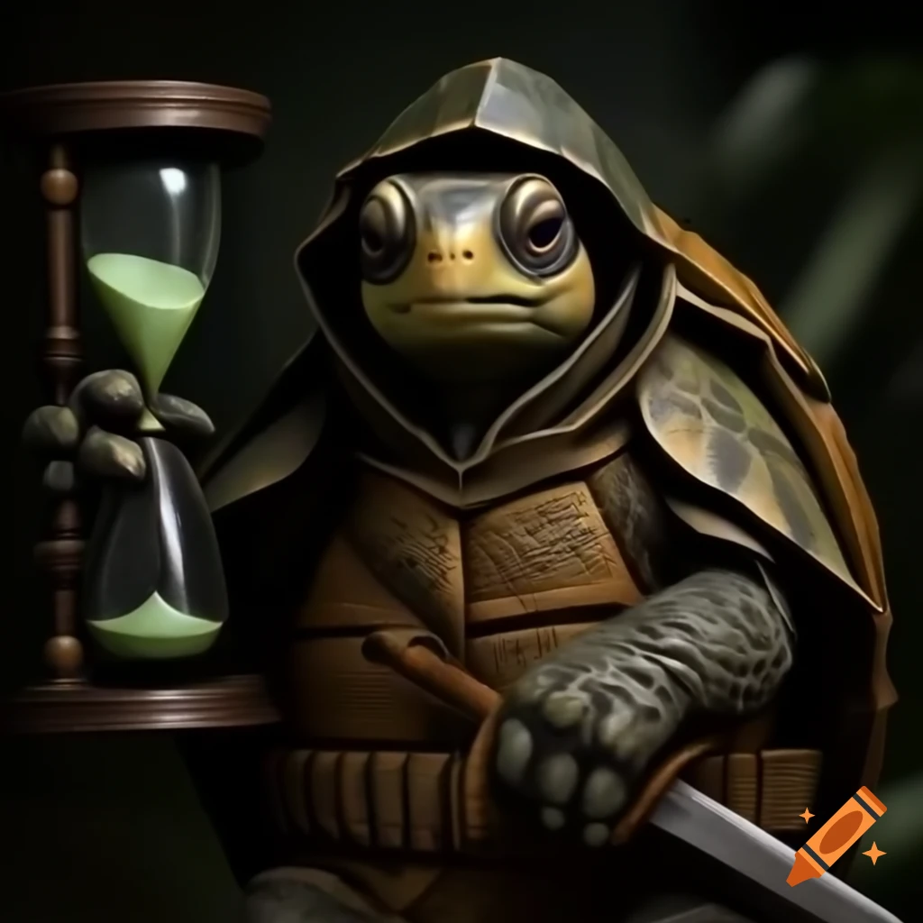 Humanoid turtle dressed in black holding a sword and hourglass on Craiyon
