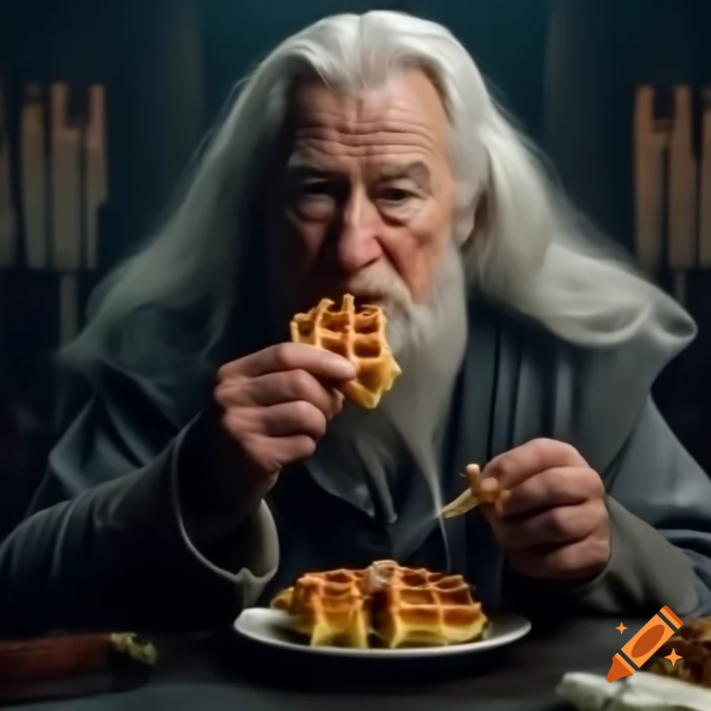 Sir Ian McKellen as Gandalf the Grey enjoying waffles on Craiyon