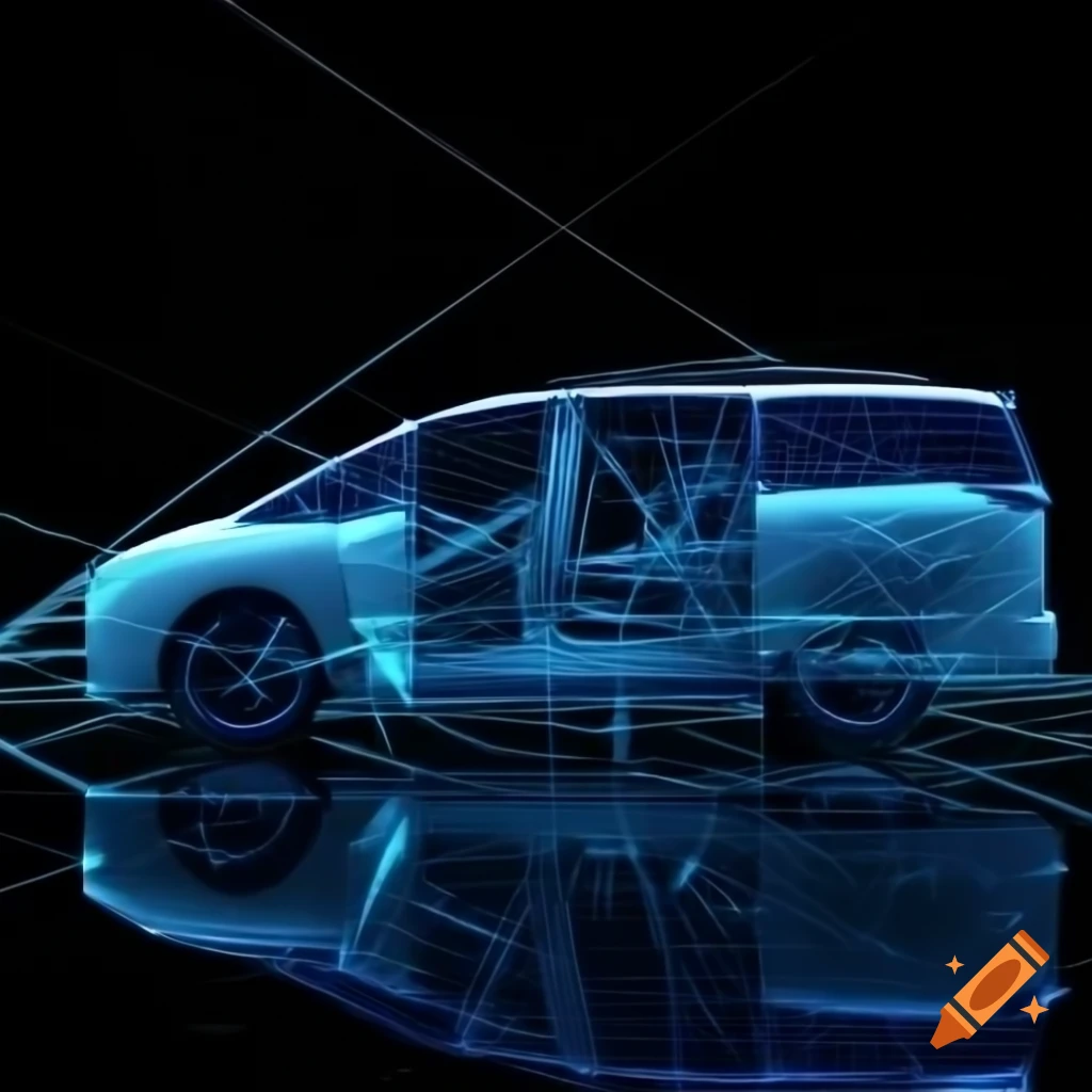 3D digital representation of a sleek minivan in electric blue wireframe ...