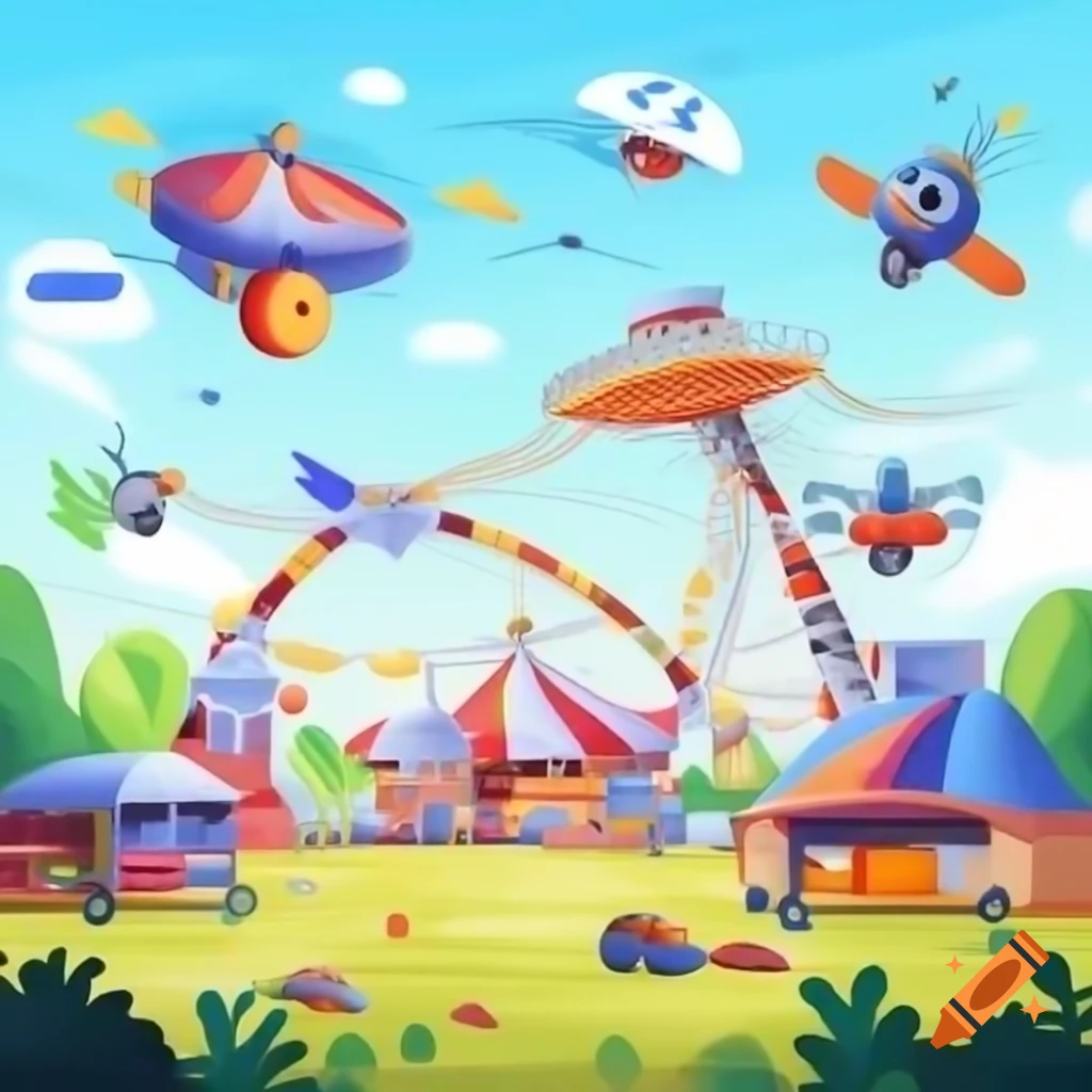 Large technology fair featuring flying cars, robots, and excited ...