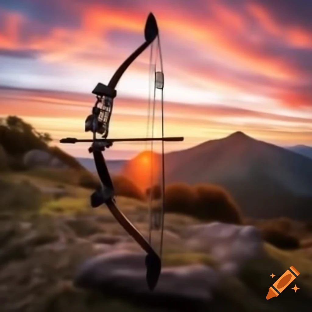 Bow with nocked arrow against vibrant sunrise over mountains on Craiyon