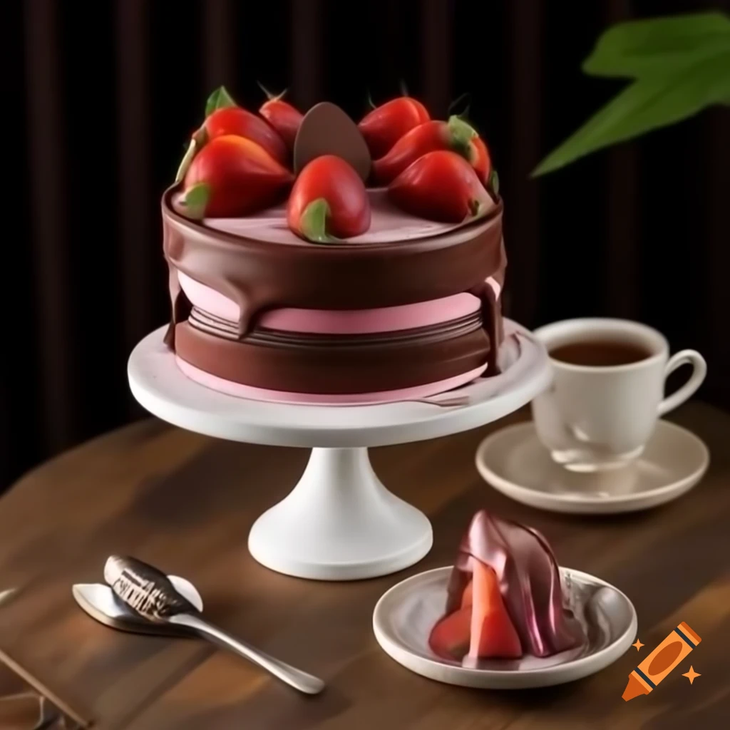 Hyper-realistic circular chocolate layer cake with glossy ganache on ...
