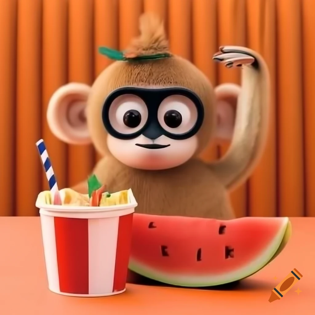 Monkey with chicken and watermelon in a KFC setting on Craiyon