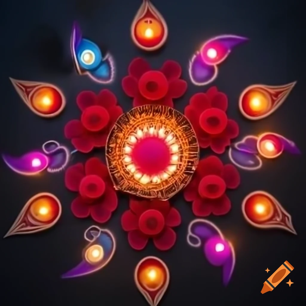 Vibrant Diwali Rangoli art with deep red flower and intricate patterns ...