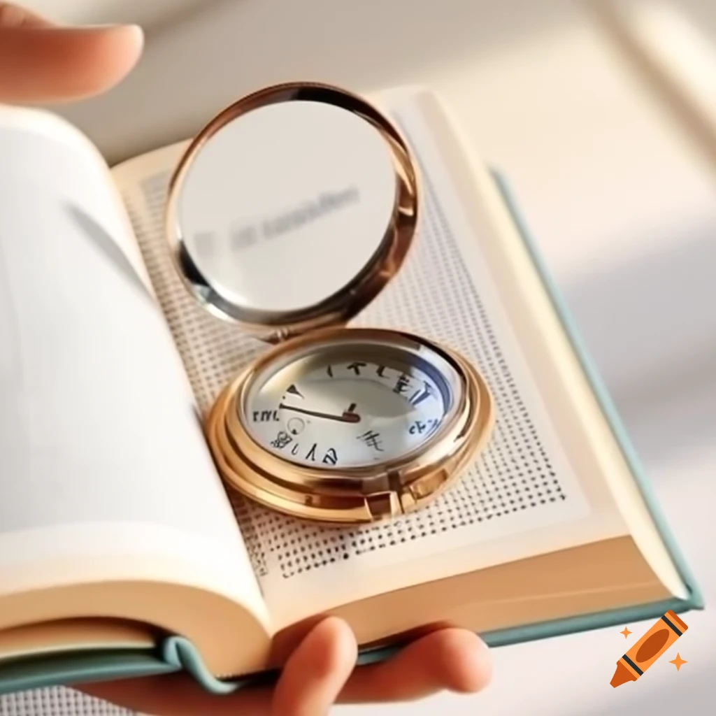 Open book with round pocket watch reflecting light on Craiyon
