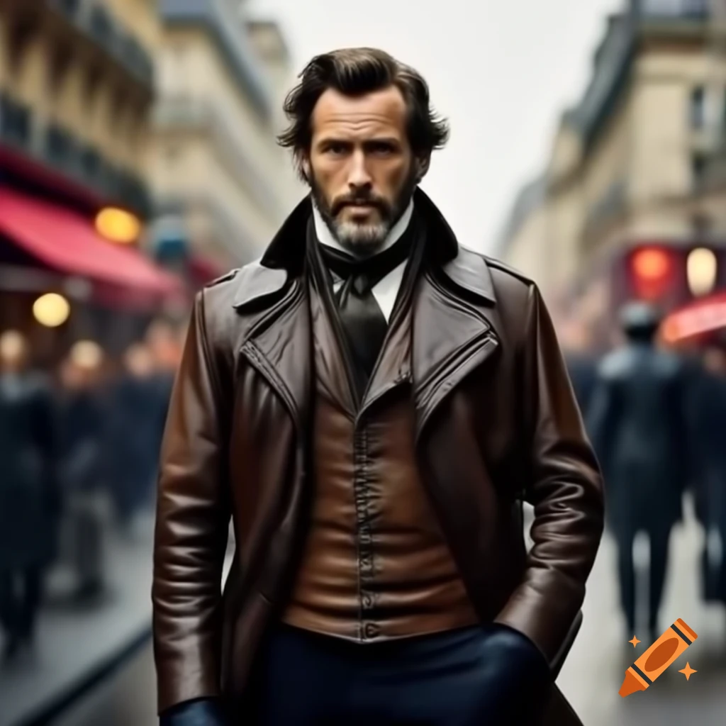 Man in leather coat walking on Paris streets in 1860, movie poster ...