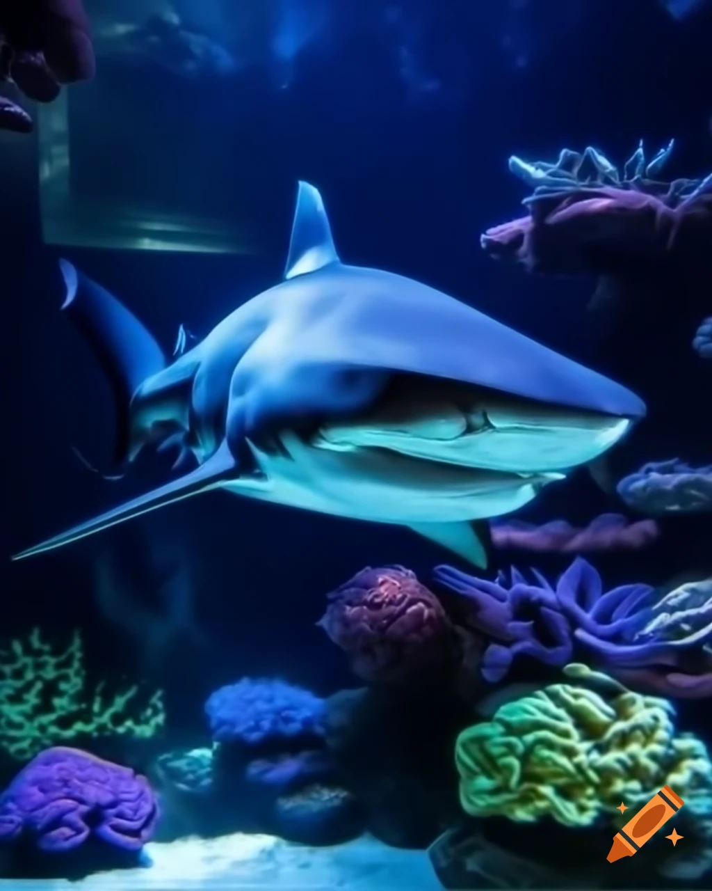 Port Jackson shark in aquarium with vibrant neon coral on Craiyon