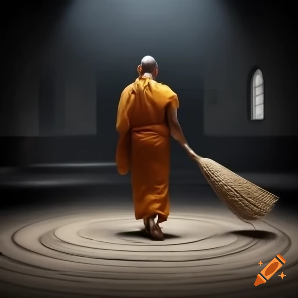 Buddhist monk sweeping floor in circular room with bathtubs on Craiyon