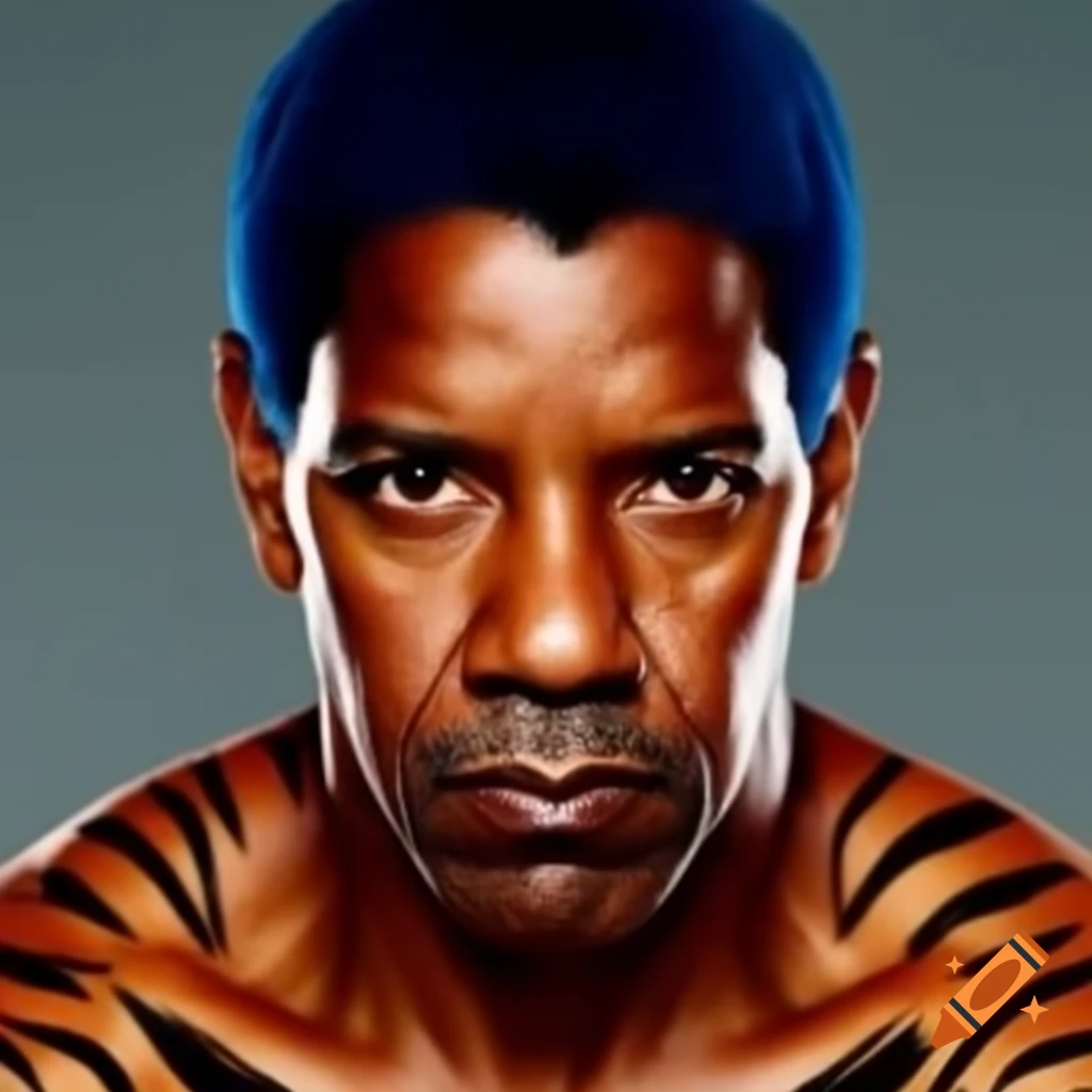 Denzel Washington with tiger-style makeup featuring blue hair and ...