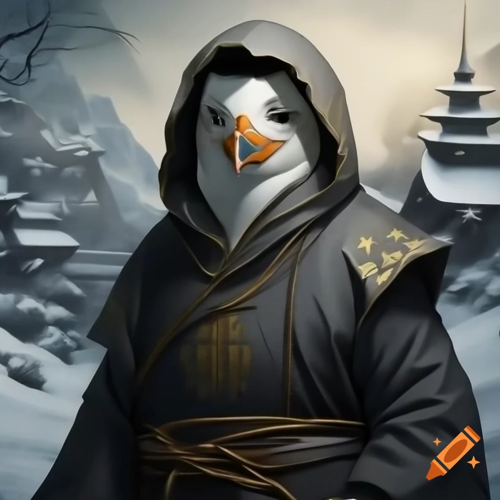 Serene penguin monk in brown robe with golden embroidery in snowy ...