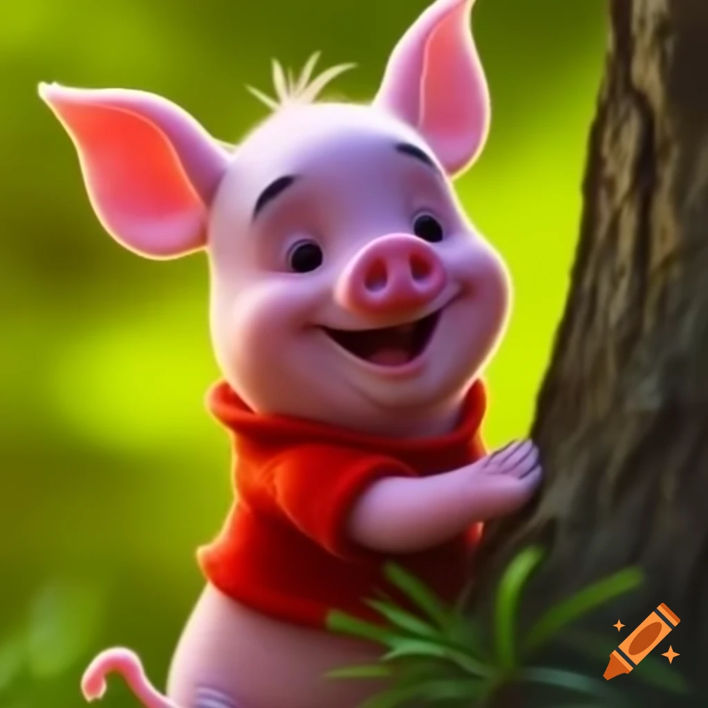 Piglet character from Winnie the Pooh hiding behind a tree on Craiyon