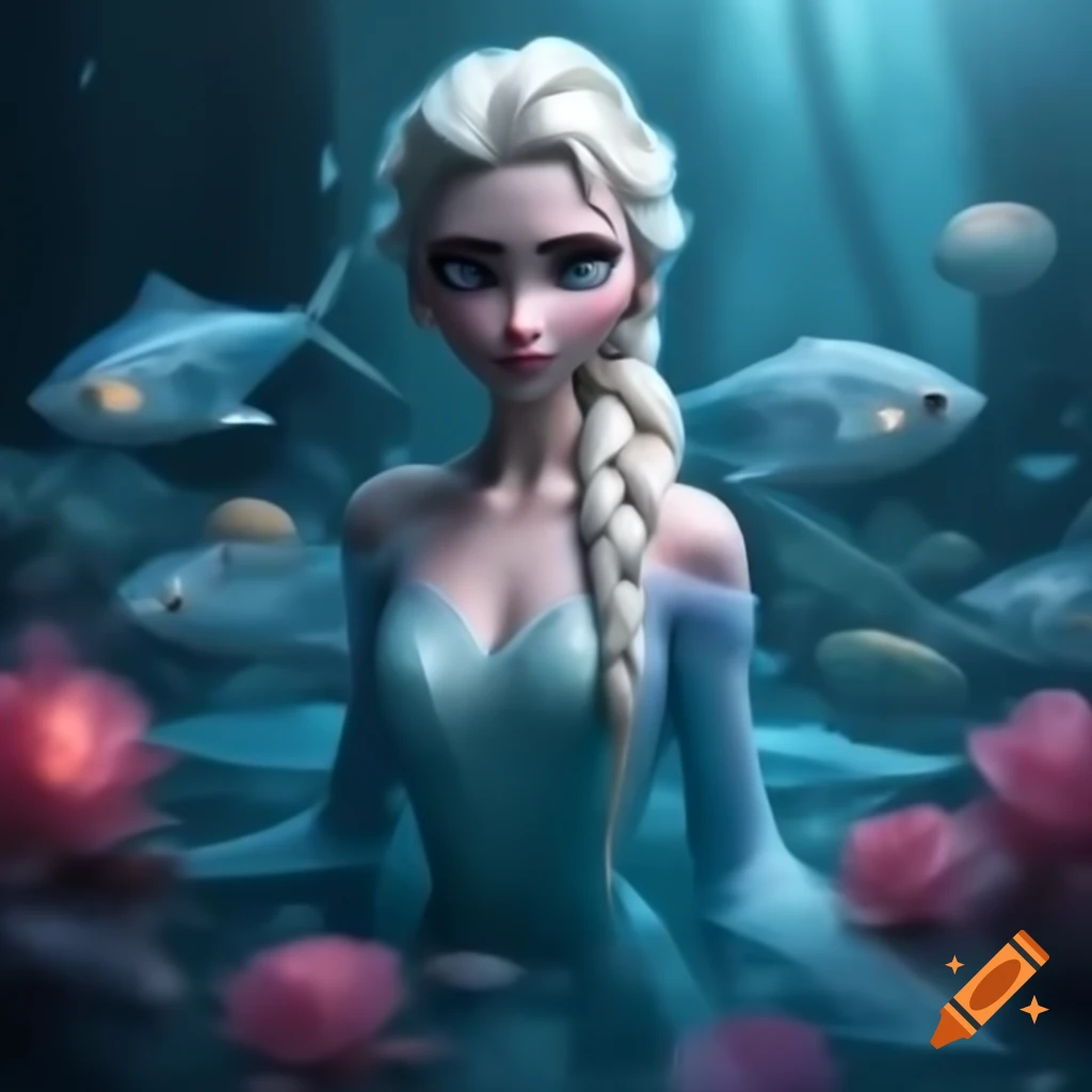 Hyper-realistic depiction of Elsa underwater with glowing fish and ice ...