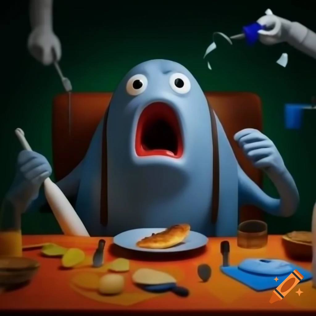 Whimsical scene of a fish at dinner table cleaning shoes while yelling ...