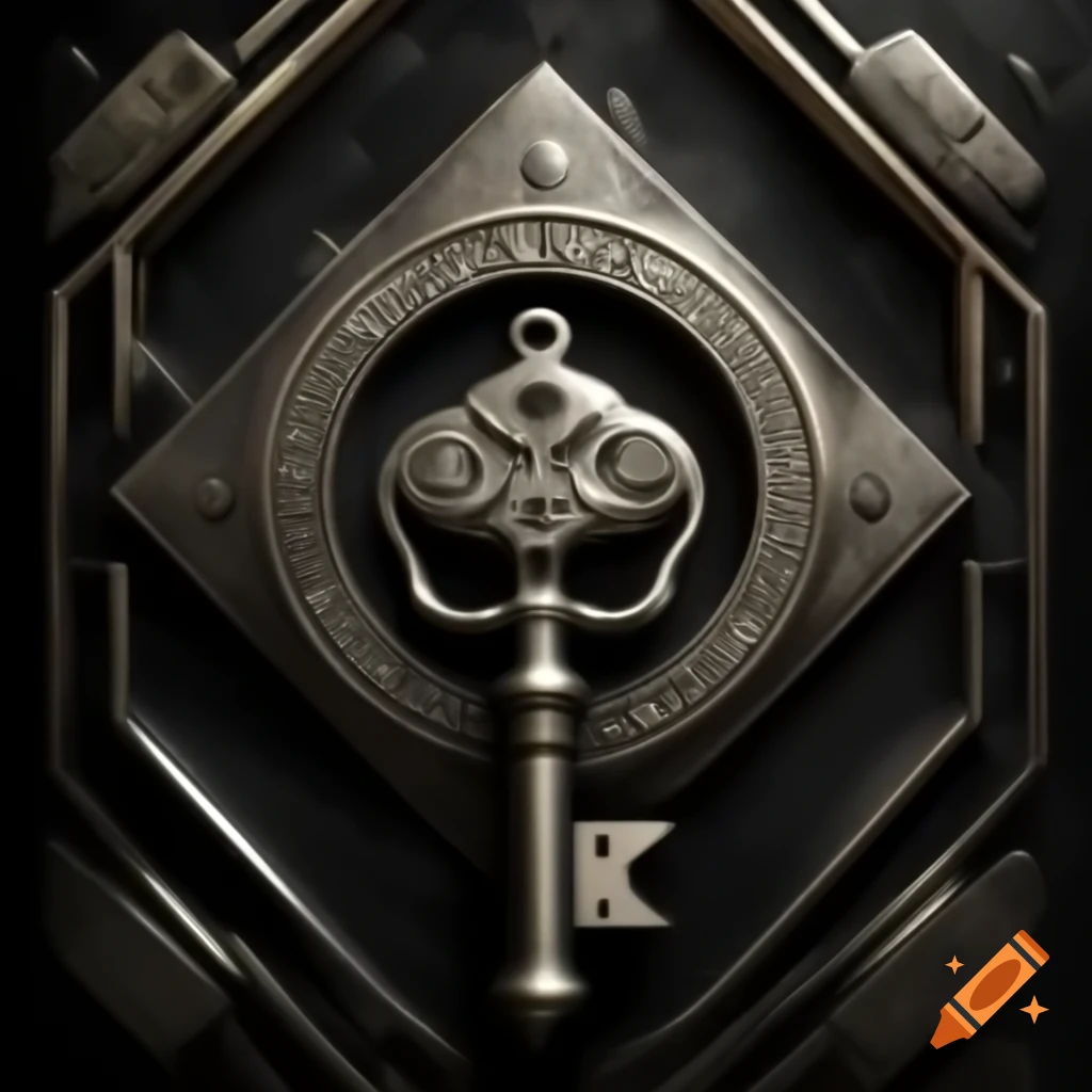 Three-dimensional antique key logo in polished silver with secret ...