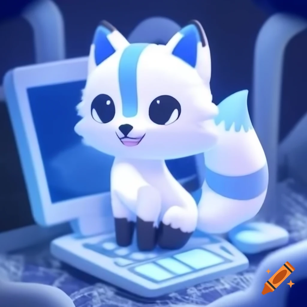 Cute pixelated digital white fox with blue stripes sitting inside ...