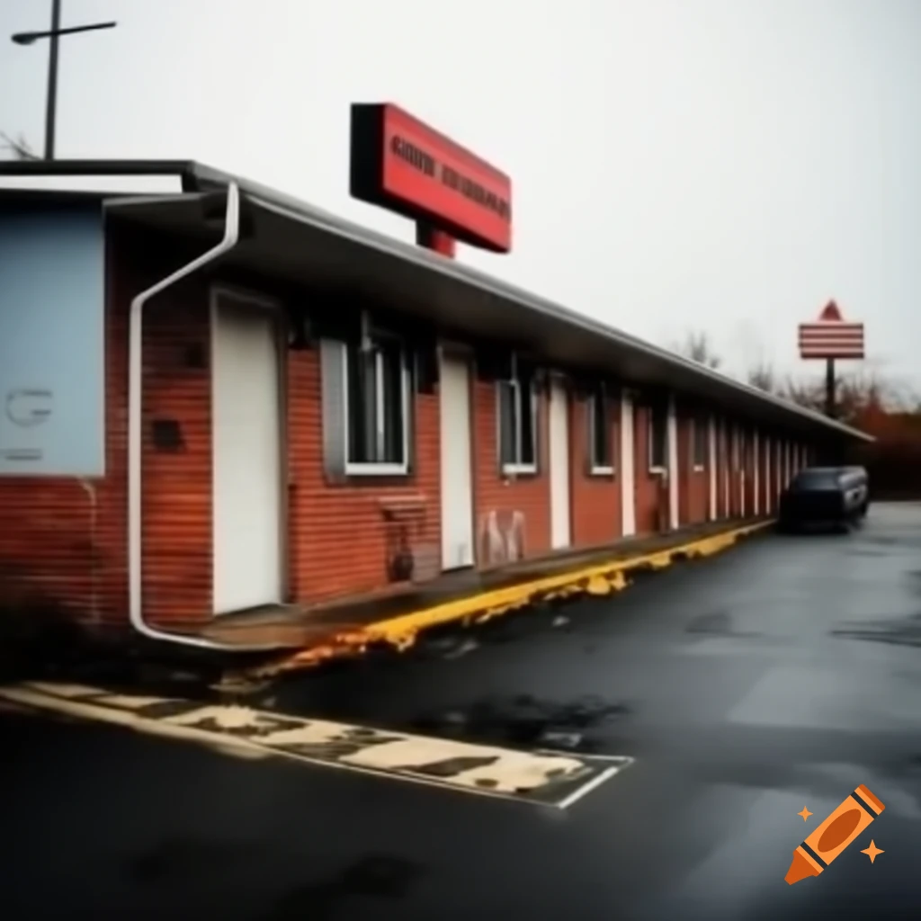 Autumn Moon Motel with brick walls and peeling paint, eerie atmosphere ...
