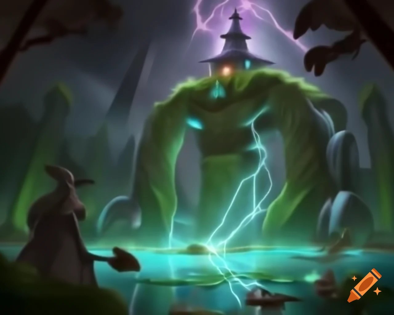 Magical scene with mango, robot, plants, lake, tower, and wizard under ...