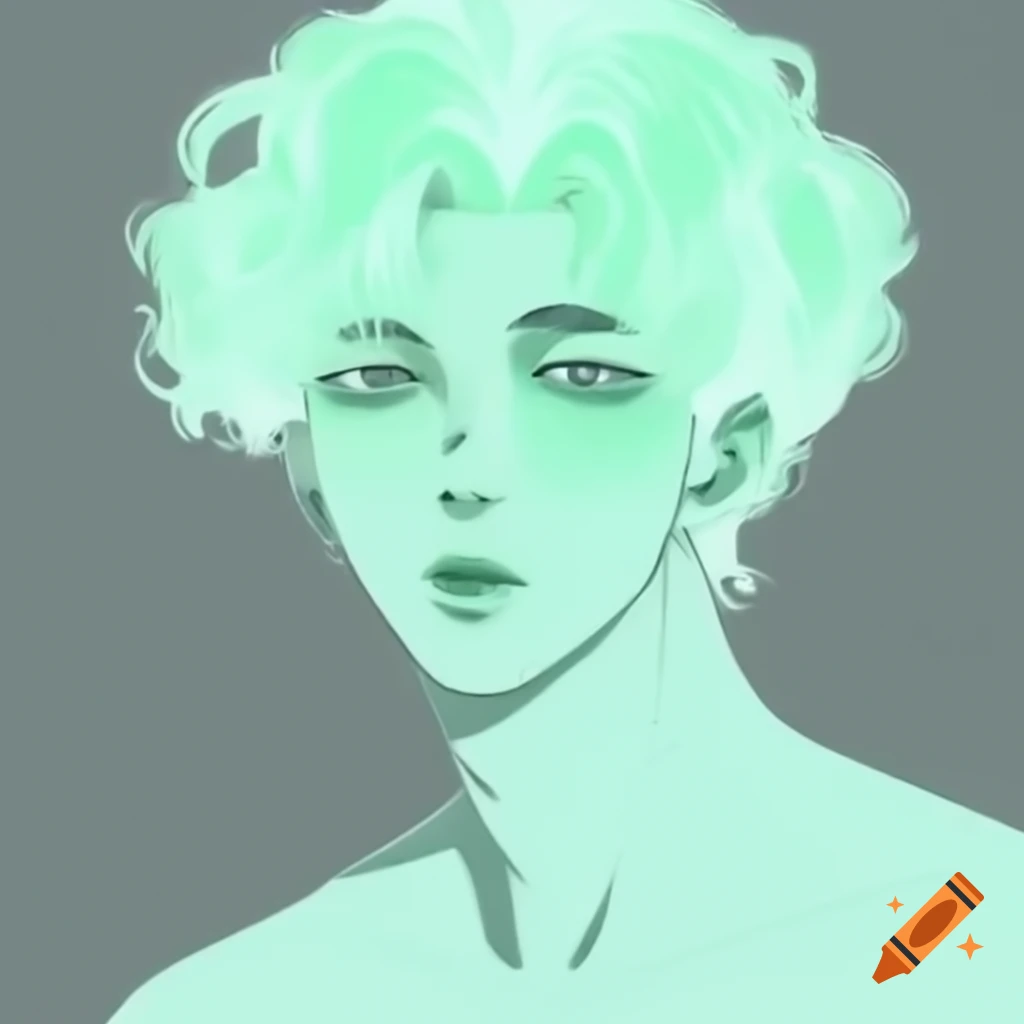 Anime portrait of male with green translucent skin and curly coral hair ...