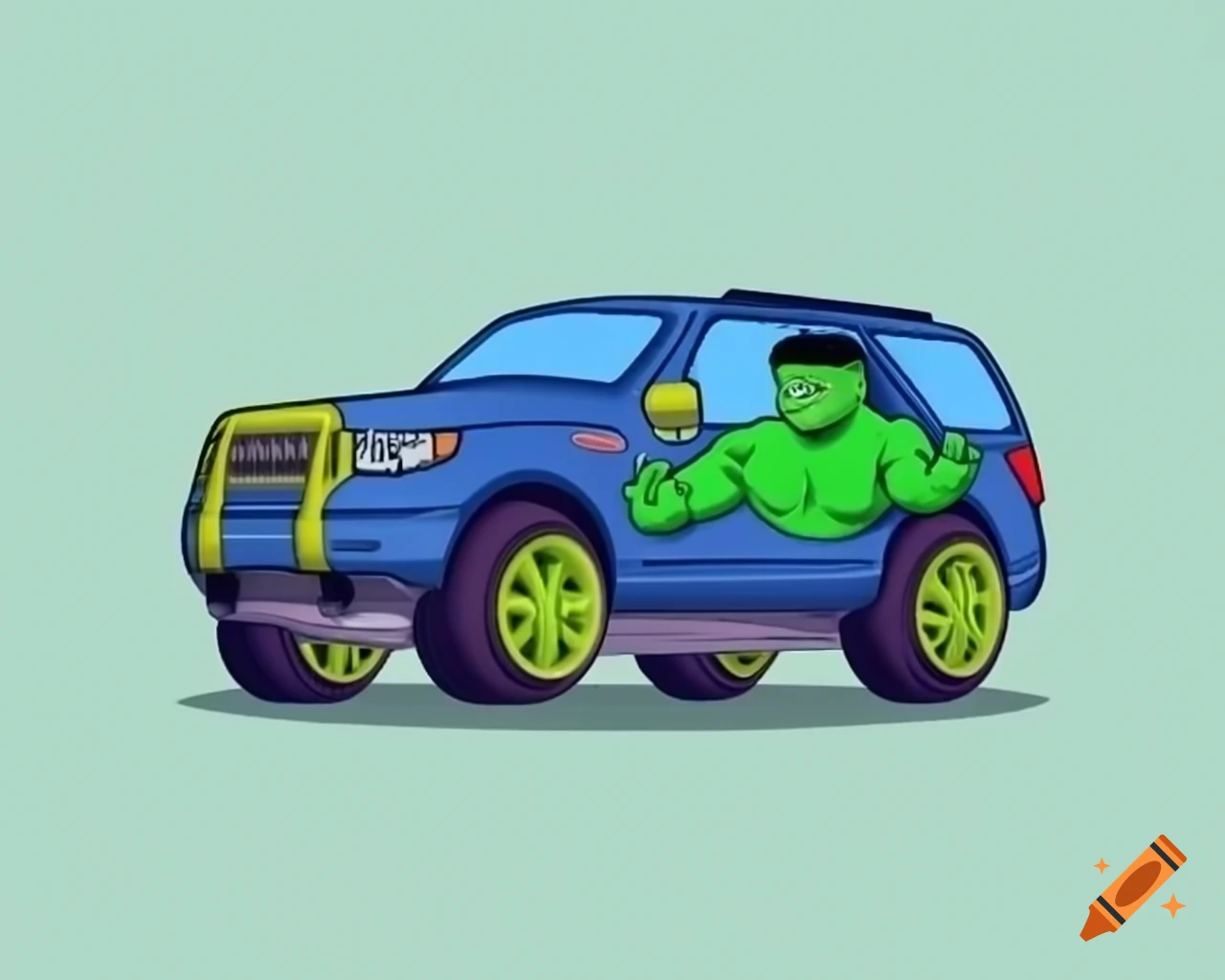 Cartoon Hulk-themed Ford Expedition EL SUV with Hulk face design on Craiyon