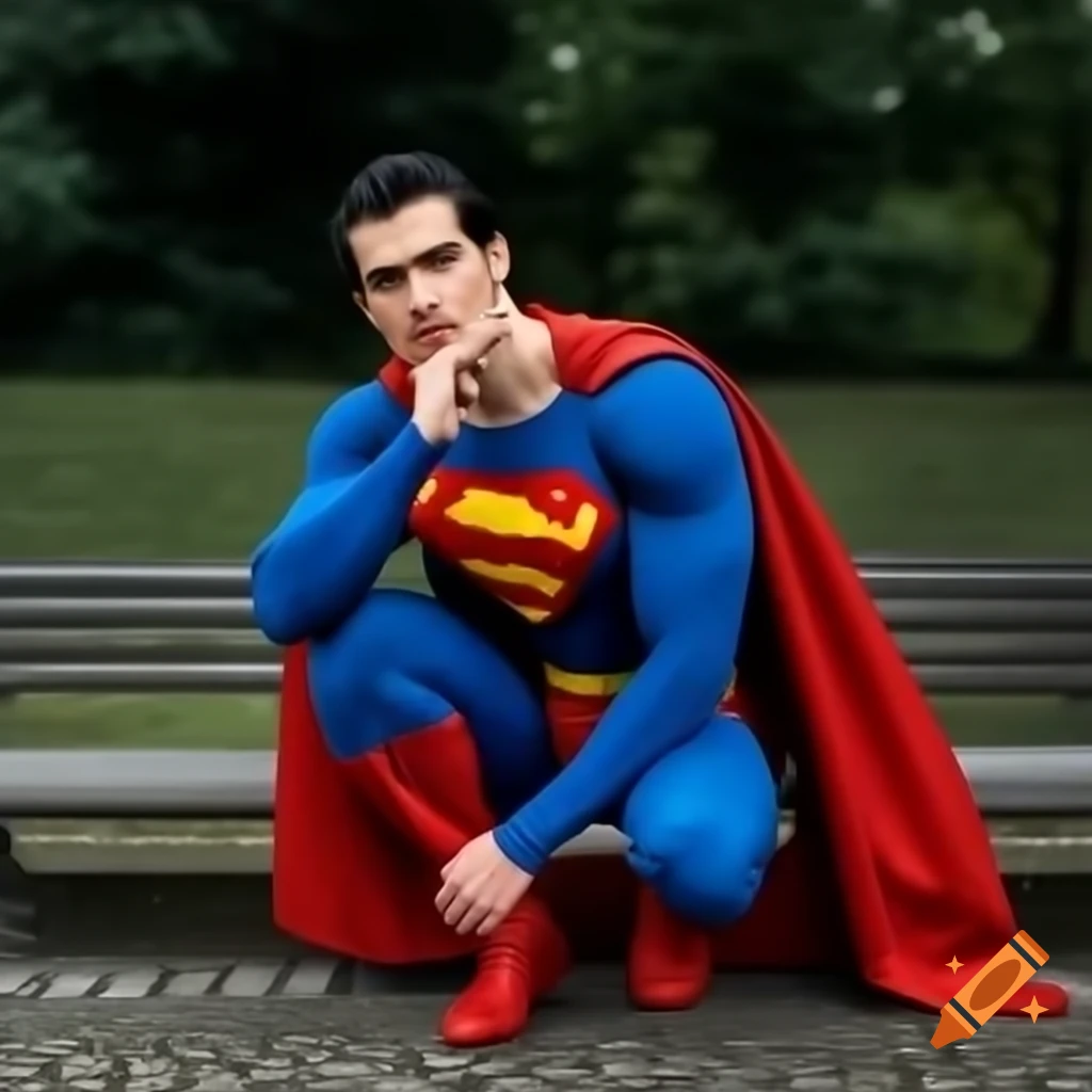 Spider-Man and Superman sitting on a park bench with Superman looking ...