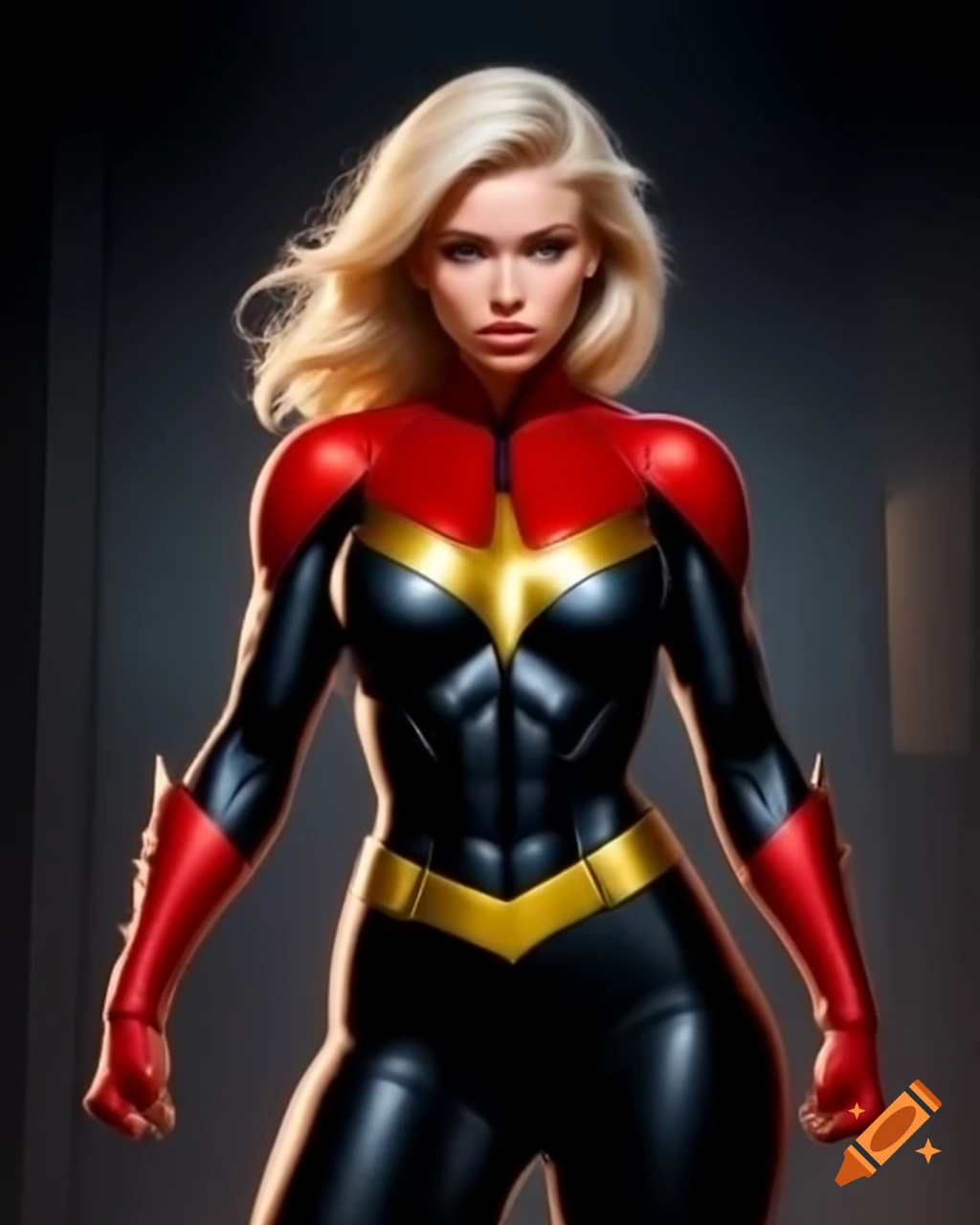 Blonde woman in red and black superhero bodysuit posing confidently on Craiyon