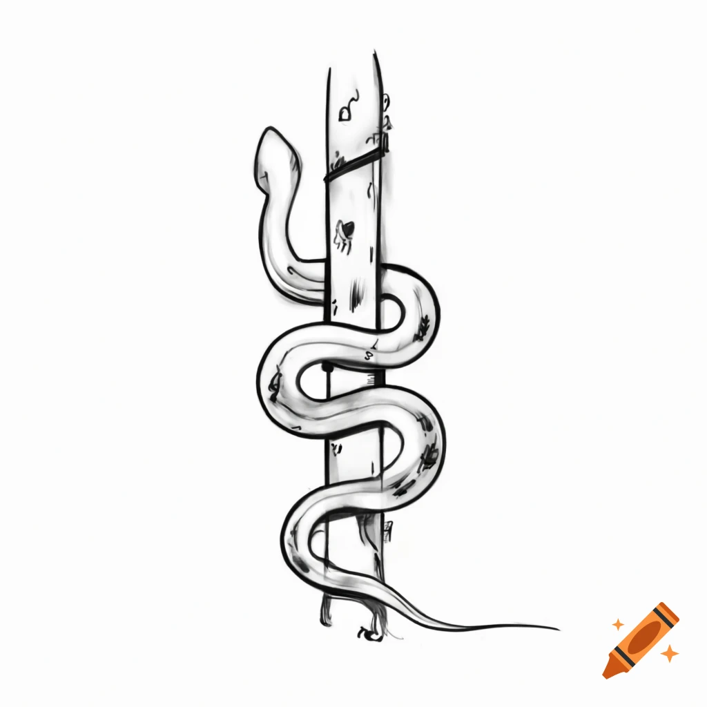 Minimalist black and white line art of snake wrapped around pole, ink ...