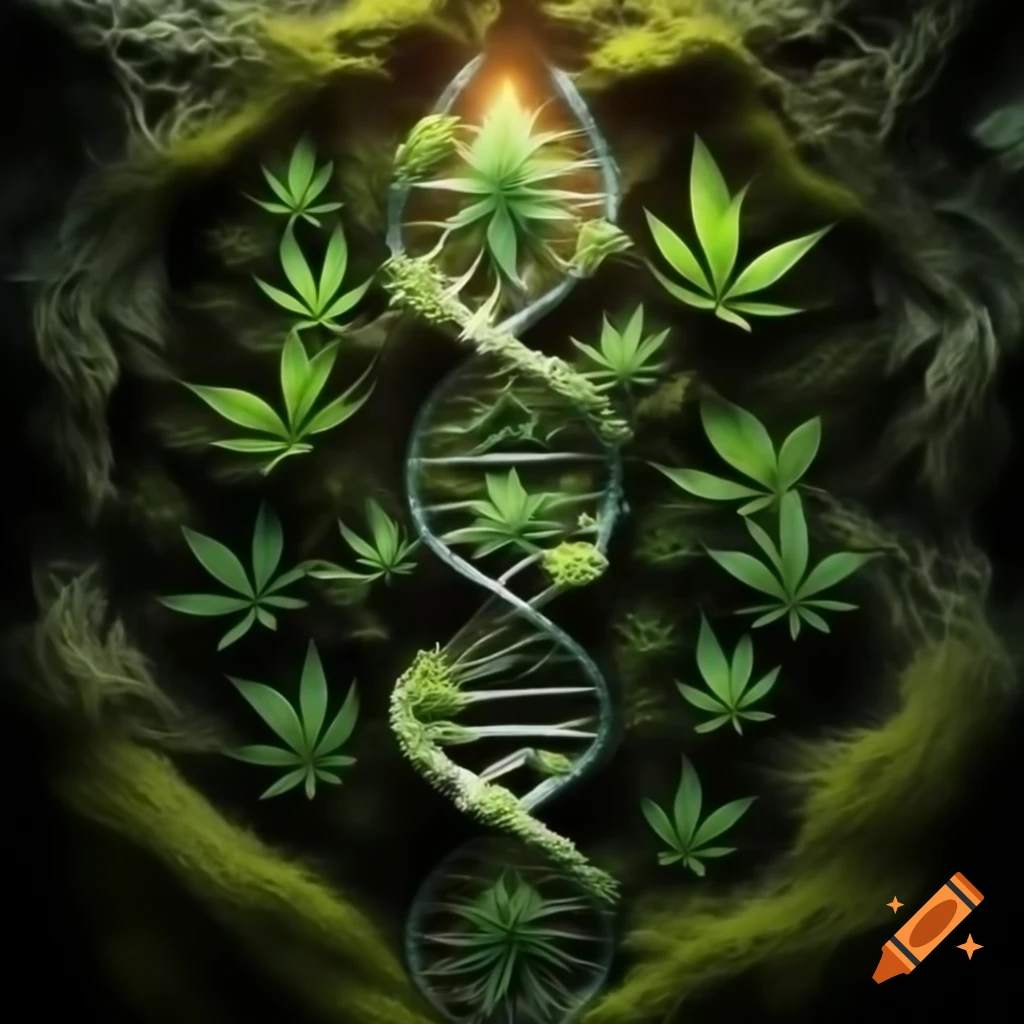 Abstract DNA double helix entwined with cannabis leaves and vines on ...