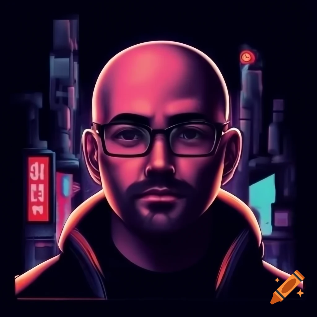 Bald man with glasses in neon cyberpunk nightscape, hinting advanced ...